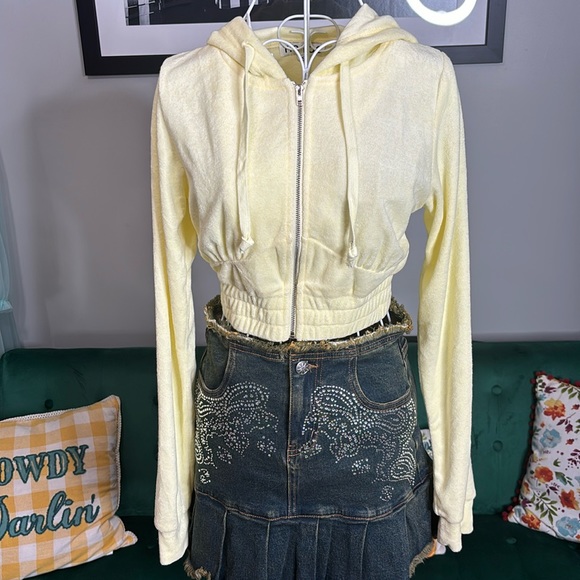 Tops | 0s Y2k Yellow Cropped Zip Hoodie Pastel Festival Jacket Sporty ...